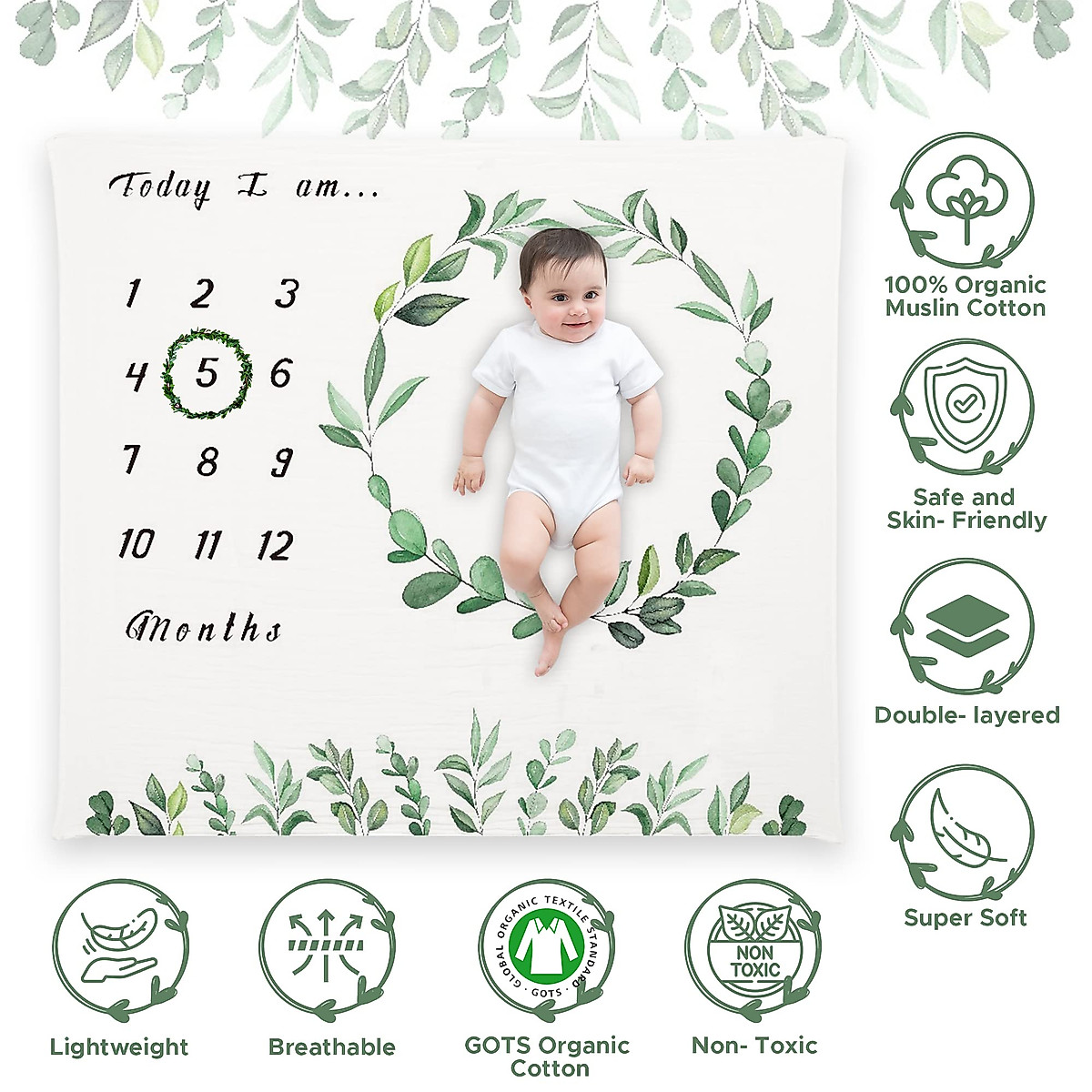 Organic Baby Monthly Milestone Blanket for Boys and Girls Muslin Cotton Baby Month Blanket with Leaf Wreath Frame Newborn Milestone Mat for Growth Photography, Swaddle (Green Leave)