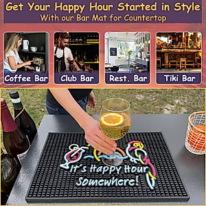 Tiki Bar Happy Hour Sign Rubber Bar Mat for Bartending 18x12 in, It's Happy Hour Somewhere Outdoor Tiki Bar Decor, Bar Mats for Countertop, Bar mat for Home Bar, Bartender Mat, Home Bar Accessories
