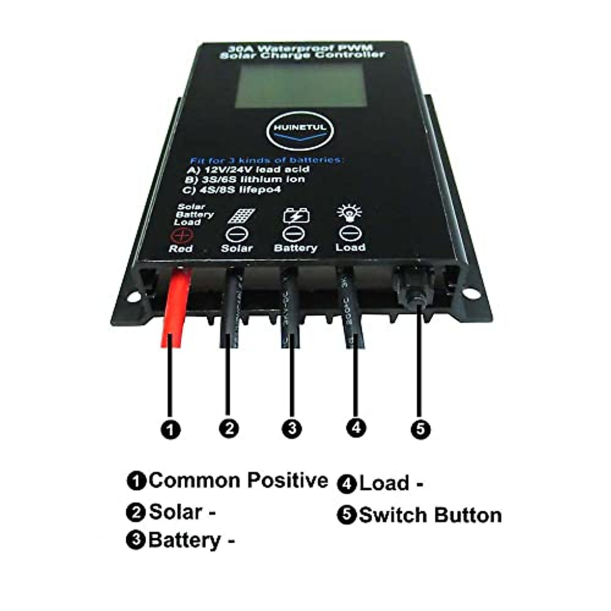HUINETUL 30A PWM Solar Charge Controller IP68 Waterproof Fit for Lithium ion Lifepo4 Lead-Acid Battery