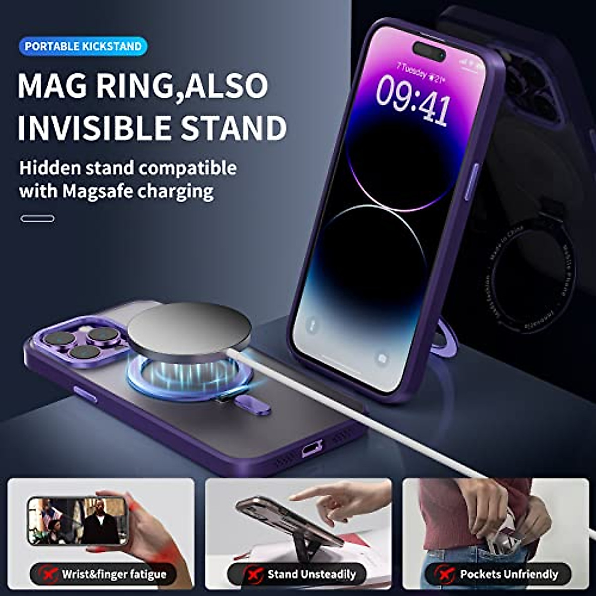 niufoey for iPhone 14 Pro Case with Magnetic Invisible Stand [Compatible with Magsafe] Shockproof Slim Translucent Matte Cases for iPhone 14 Pro 6.1 Inch,Deep Purple