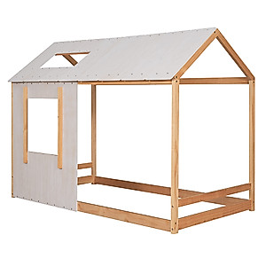 Twin House Bed for Kids, Wooden Twin Floor Bed Frame with Roof and Window, for Girls Boys (Twin Size, Natural+Antique White)