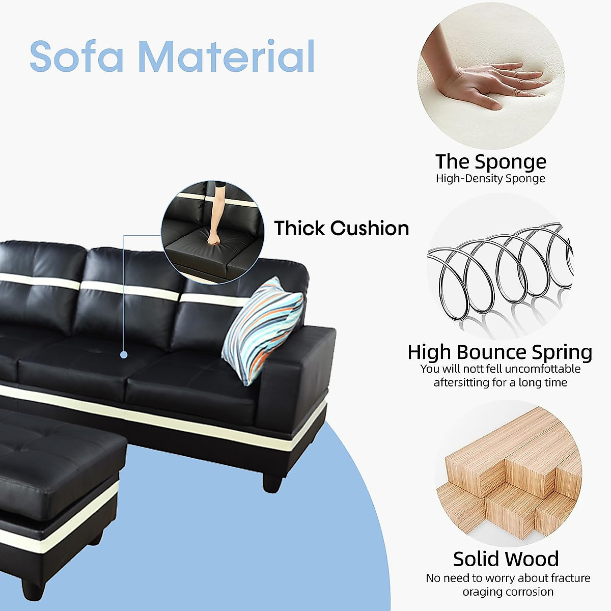 Caberryne Sectional Couch for Living Room Furniture Set Black,Sectional Sofa Set L Shape Sofa and Chaise with Storage Ottoman for Living Room/Apartment（Black,Facing Left Chaise）