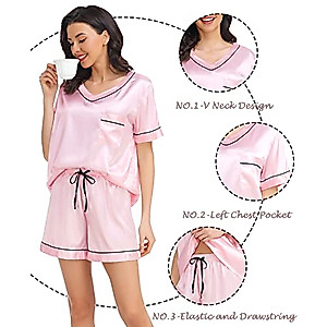 SWOMOG Womens Short Sleeve Satin Pajama Set Silk Pjs Lounge Set V Neck Two Piece Loungewear Sets Cute Cozy Sleepwear Rose Pink