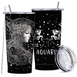 BEOIIBIRD Aquarius Zodiac Tumbler Gifts, 20oz Glaze Stainless Steel with Lid and Straw Water Bottles Insulated Coffee Mug, Beverage Cup for Teen Women Men in Home Office Car Travel