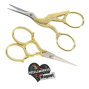 Gingher Embroidery Scissors With Sheaths. Vintage Gold Stork And Epaulette Styles. 2-pc. Bundle, Plus Decorative 'Needleworker' Magnet
