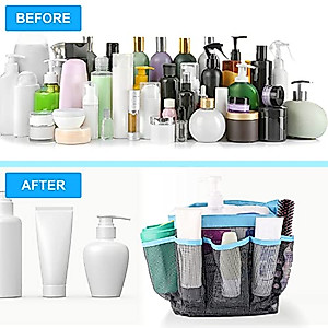 Shower Tote Bag, Portable Shower Caddy Tote Organizer with Handle and 7 Pockets, Mesh Shower Bag for Dorm Room Gym Bathroom Camping, Large Capacity (Black, Blue)