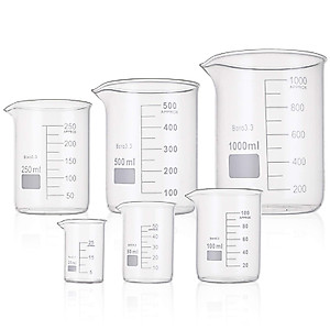 Yarlung 6 Pack Glass Beakers Set, Graduated Measuring Beakers Thick Boro 3.3, Griffin Low Form 25/50/100/250/500/1000ml