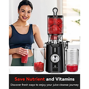 Rush Clear Slow Masticating Juicer Machines, Cold Press Juicer with No-Prep 4.35" Feed Chute Fit Whole Fruits & Vegetables Juicer Machine Easy to Clean, LINKChef 42oz Capacity, 200w, Blackout