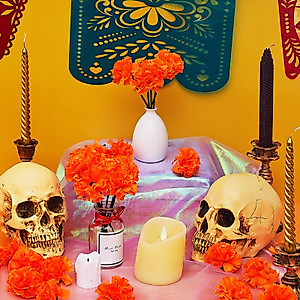 WILLBOND 74 Pieces Faux Marigold Flower Mexican Banners Mexican Party Decoration Plastic Papel Picado Banner Day of The Dead Decor for Mexican Party Papel Picado Fiesta (Orange)