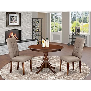 East West Furniture HBEL3-MAH-16 3 Piece Dining Room Furniture Set Contains a Round Dining Table with Pedestal and 2 Dark Khaki Linen Fabric Upholstered Chairs, 42x42 Inch, Mahogany