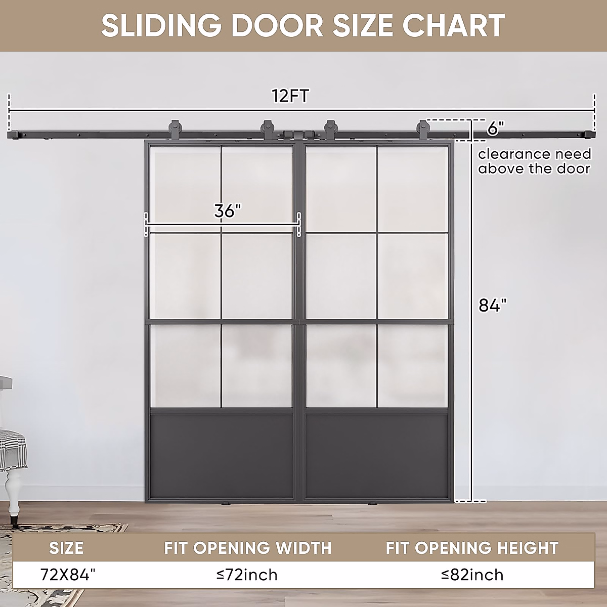 JUBEST Double Barn Door 72 x 84 in with 12FT Hardware Kit and Soft Close Mechanism, 2 Sets of 36x84 in Paneled Frosted Glass Carbon Steel Frame Barn Door,Pocket Interior Door, Easy Assembly