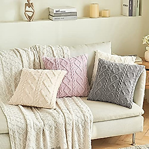 MIULEE Pack of 2 Decorative Faux Wool Throw Pillow Covers Soft Plush Fuzzy Short Fleece Square Patterned Cushion Cases Solid Pillowcases Couch for Bed Sofa Living Room 18 X 18 Inch Beige