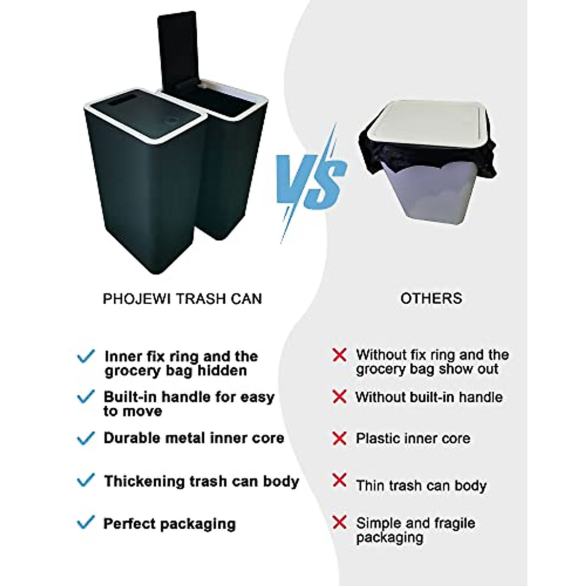 PHOJEWI Small Bathroom Trash Can with Lid, 2 Packs 2 Gallon Dog Proof Trash Can Black Wastebasket Slim Plastic Trash Can for Bedroom Office Kitchen Garbage Can