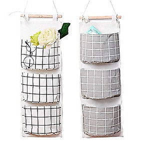 2 Packs Linen Cotton Fabric Wall Door Closet Hanging Storage Bag 3 Pockets Over The Door Organizer for Room Bathroom
