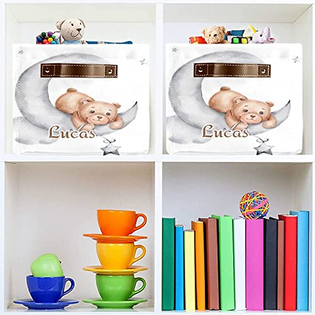 Teddy Bears Moon Clouds Personalized Storage Basket ,Custom Storage Boxs Bins Cubes Organizer with Handle for Bedroom Wardrobe Nursery Basket 1 Pack
