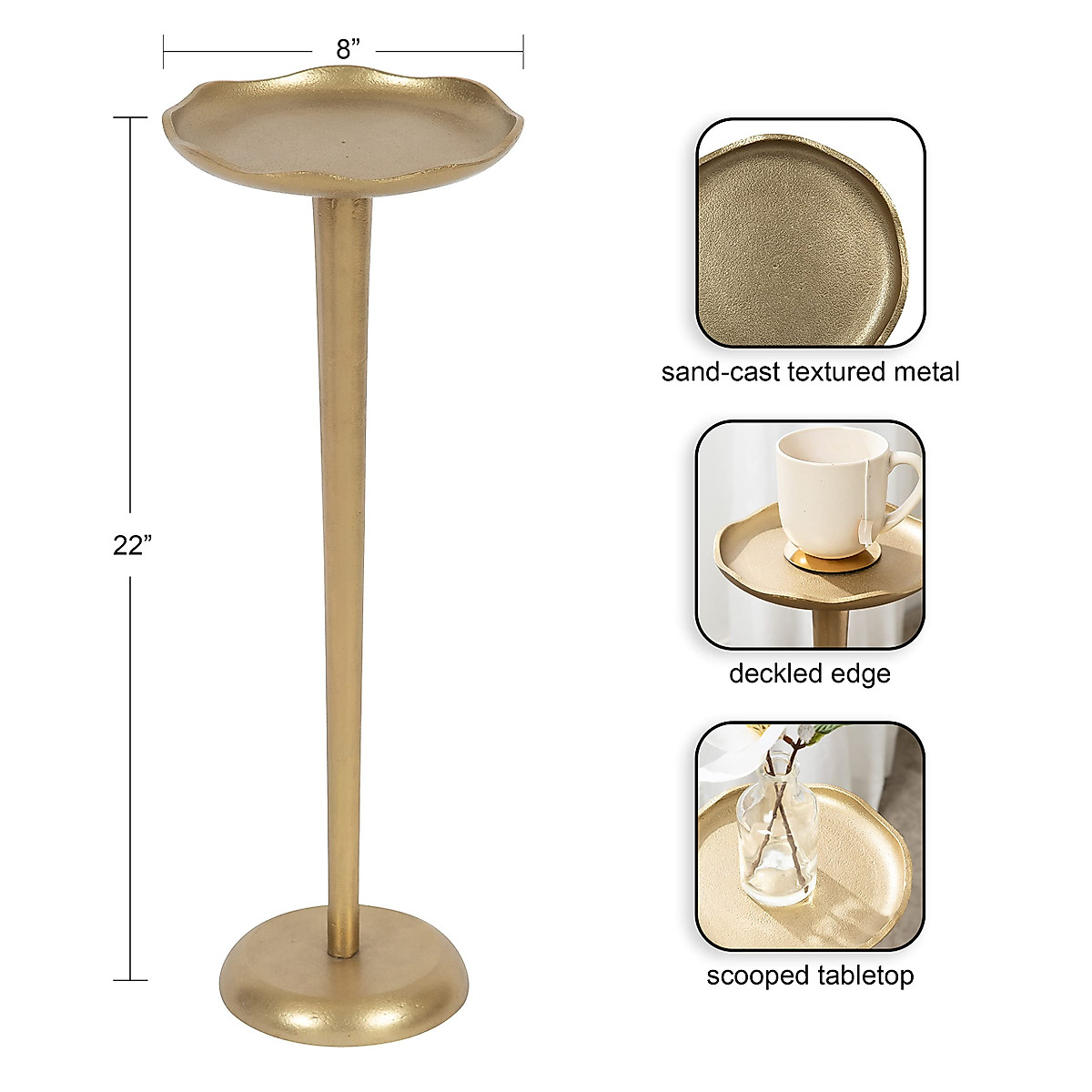 Kate and Laurel Alessia Modern Decorative Metal Drink Table, 8 x 8 x 22, Gold, Stunning Cast Aluminum Pedestal Plant Stand with Rough Texture and Deckled Edge