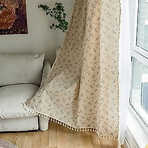 Floral Farmhouse Curtains Closet Semi-Blackout Living Room Drapes 63 Inch Length Cotton Linen Blend Short Bohemian Window Curtain Panels with Tassel Beige Rod Pocket Bedroom Drapes, 1 Panel