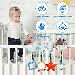 XIXILAND Car Seat Toys for Babies 0-6 Months, Baby Toys 0-6 Months Stroller Toys Infant Toys 0-3 Months, Newborn Toys 0 3 Months Brain Development Crib Toys Hanging Toys with Mirror Rattles Teether