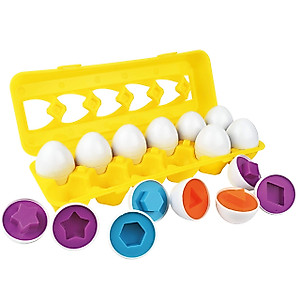 Skoolzy 12 Matching Eggs for Toddlers - Easter Egg Basket Toys - Color Sorting and Shape Matching Egg Toy, Yellow Egg Carton, Builds Fine Motor Skills an Excellent Learning Toy - 12 Shapes 6 Colors