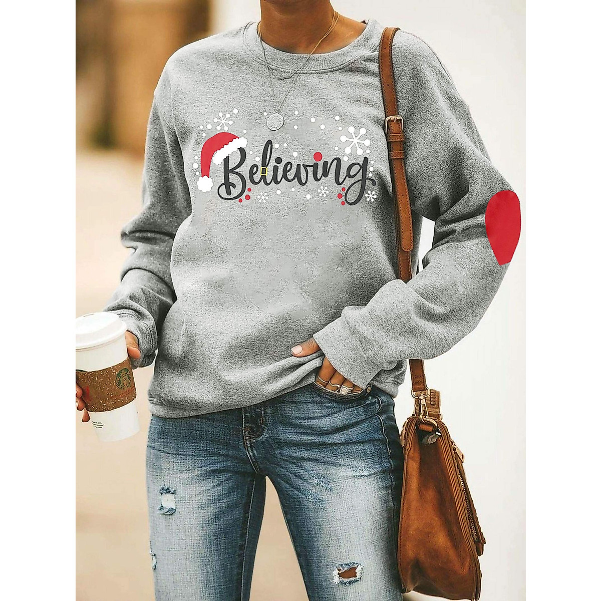 BLANCHES Christmas Sweatshirts for Women Believe Sweatshirt Funny Reindeer Snowman Xmas Holiday Long Sleeves Pullover Tops Grey