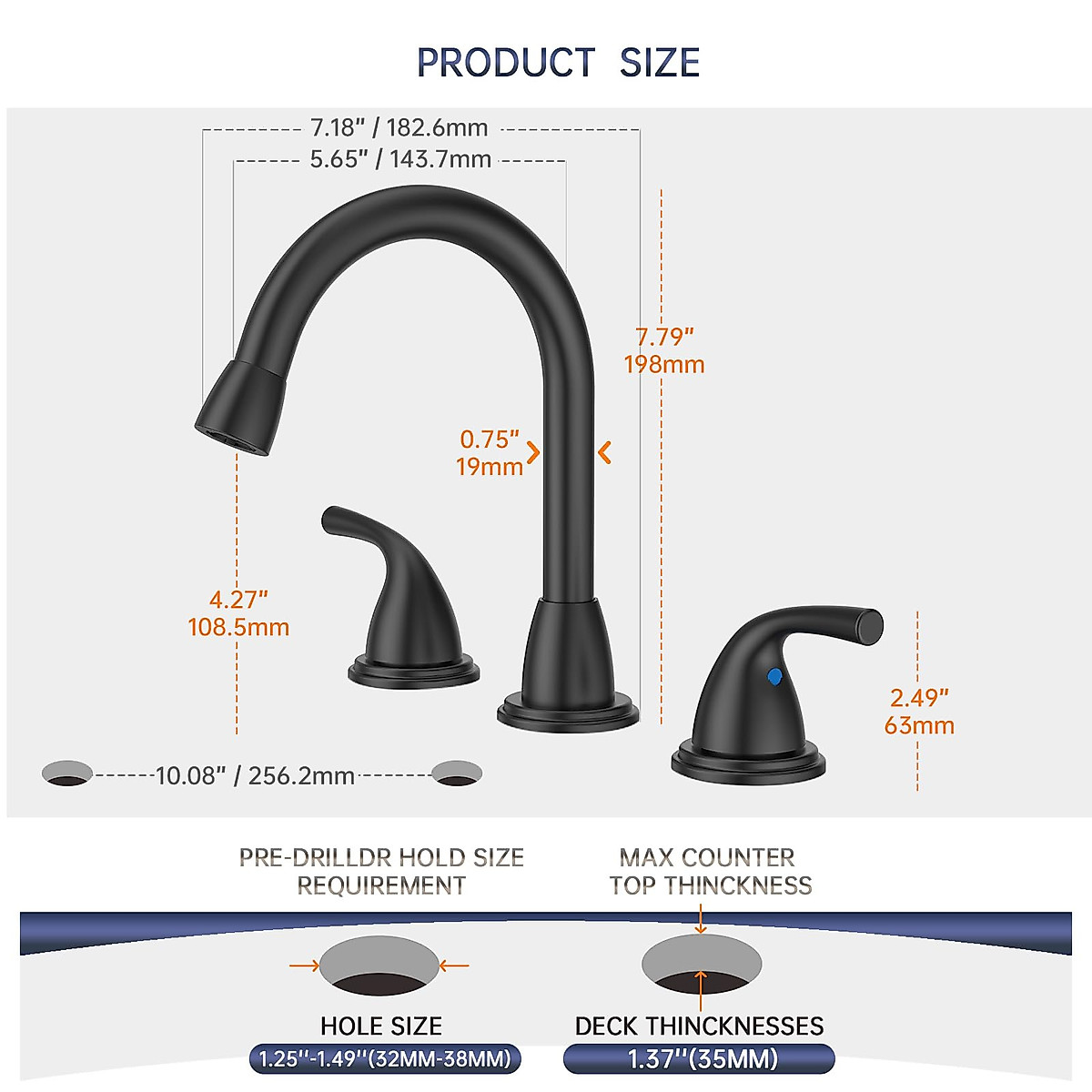 Phiestina Pull Down Sprayer Matte Black 8 Inch 3 Hole Bathroom Sink Faucet, 2 Handles Widespread Pull Out Bathroom Faucet, with Pop Up Drain and Water Supply Line,BF04008-B11-MB
