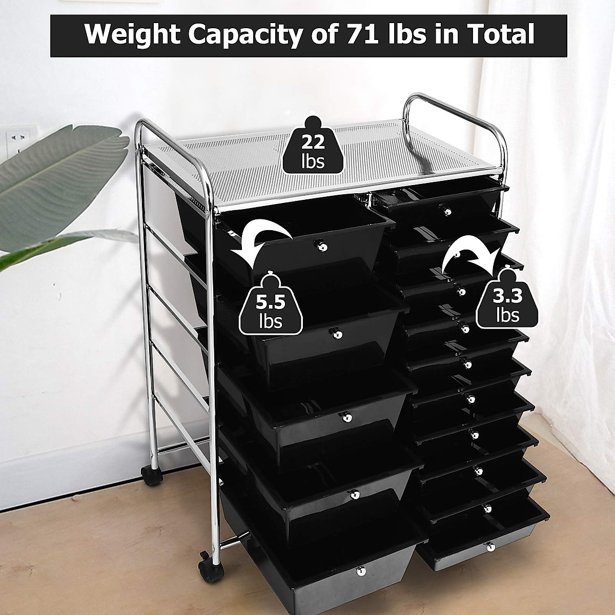 MEDIMALL 15 Drawers Rolling Storage Cart, Multipurpose Craft Storage Cart with Wheels, Mobile Tools Scrapbook Paper Organizer Cart for School Home Office Use (Black)