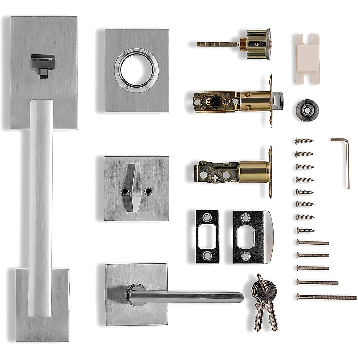 Berlin Modisch HandleSet Front Door Entry Handle and Deadbolt Lock Set Slim Square Single Cylinder Deadbolt and Lever Reversible for Right & Left Sided Doors Heavy Duty – Satin Nickel Finish
