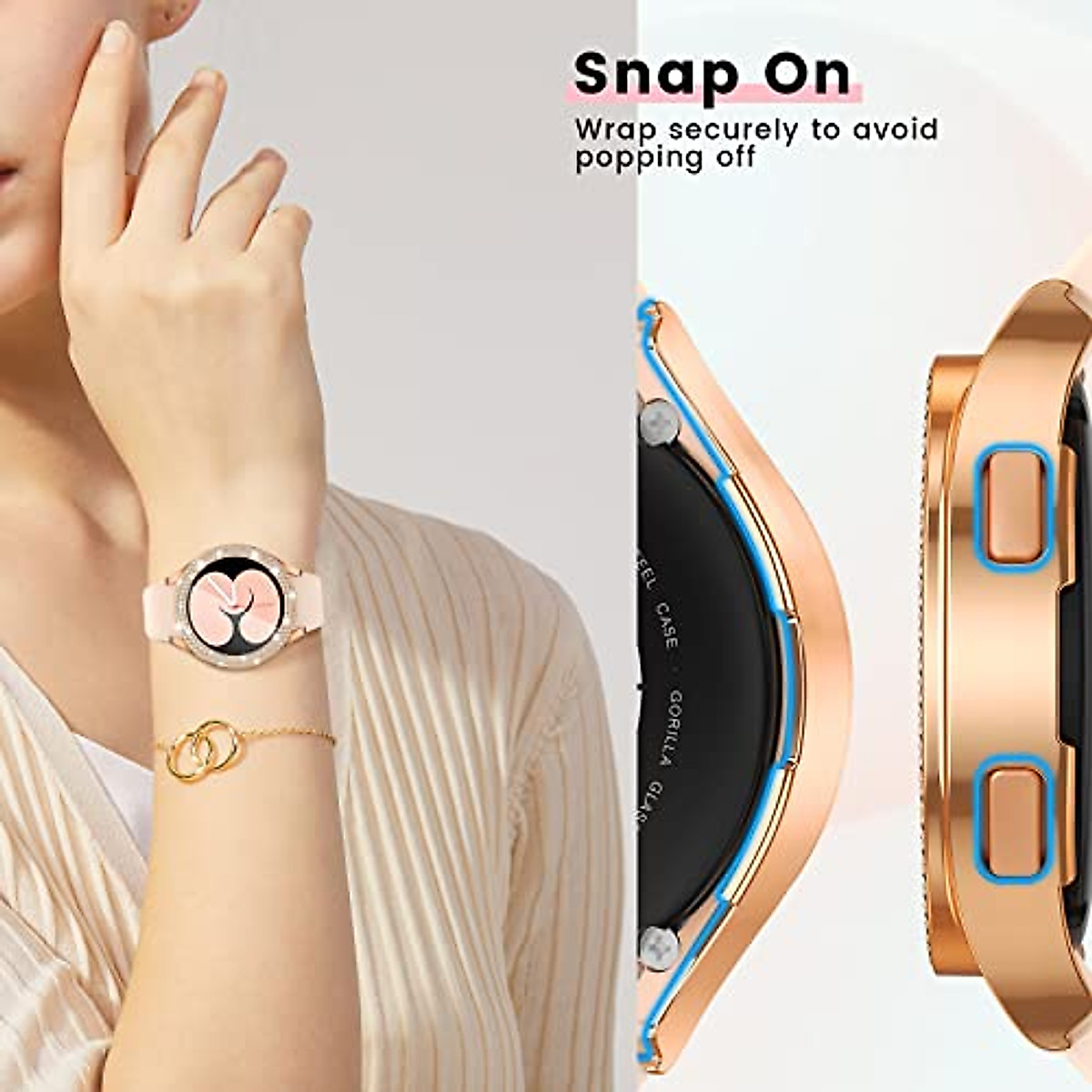 Tensea [2+2Pack for Samsung Galaxy Watch 4 2021/5 2022 Screen Protector and Case 44mm, Bling Cover Tempered Glass Protective Film and Hard PC Bumper Diamond Crystal Frame for Women