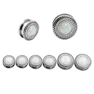 Qmcandy 2pcs 00g Stainless Steel White Opal Screw Ear Plugs Gauges Piercing