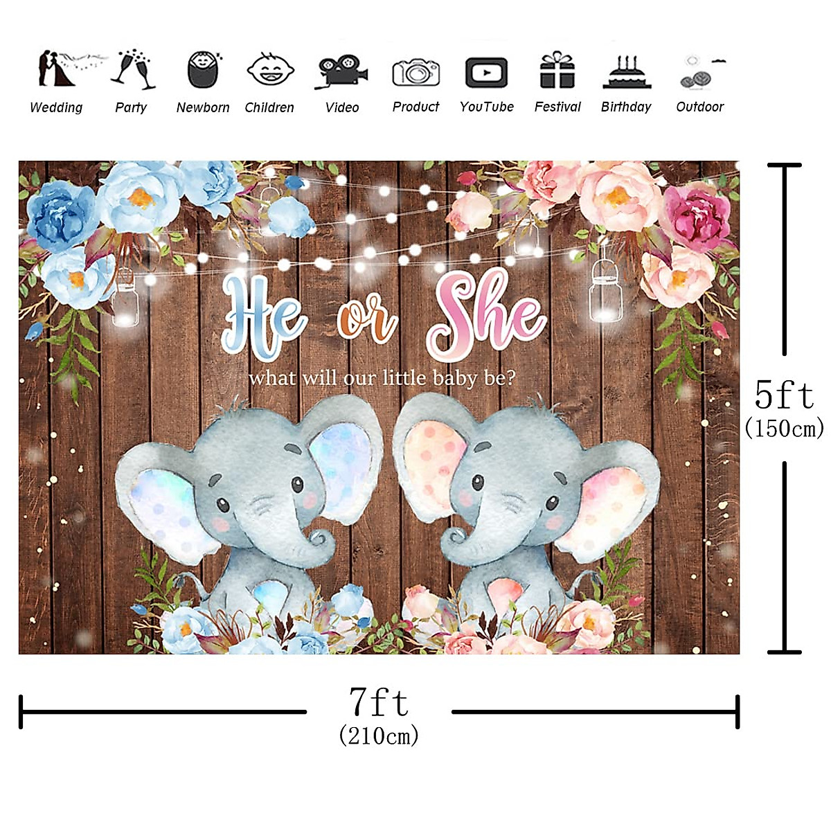 Aperturee 7x5ft Elephant Gender Reveal Backdrop He or She Pink or Blue Boy or Girl Floral Flower Rustic Wood Floor Baby Shower Photography Background Party Decorations Banner Photo Studio Props