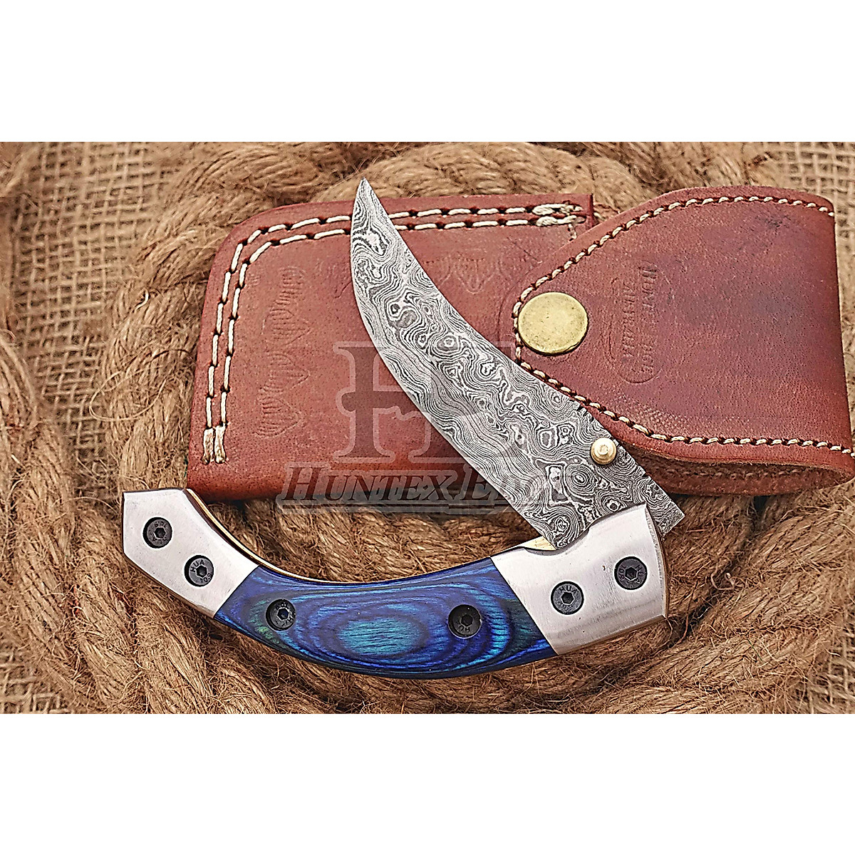 HUNTEX Handmade Hand-Forged Rain Drop Pattern Damascus Steel 4 Inch Long Pakka Wood Handle Razor Sharp Hunting Camping Trailing Pocket Knife w/Pocket Clip & Genuine Leather Pouch
