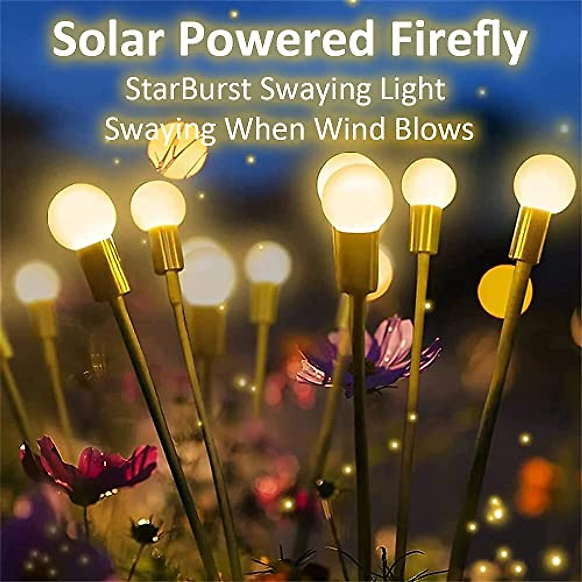 JSMAASER 2Pcs 10 LED Solar Powered Firefly Lights, Garden Lights Solar Powered Waterproof, Starburst Swaying Light Swaying When Wind Blows for Landscape, Pathway, Patio, Christmas (Warm White, 10 LED)