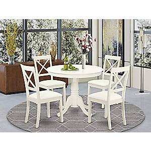 East West Furniture Antique 5 Piece Kitchen Set for 4 Includes a Round Table with Pedestal and 4 Faux Leather Dining Room Chairs, 36x36 Inch, Linen White