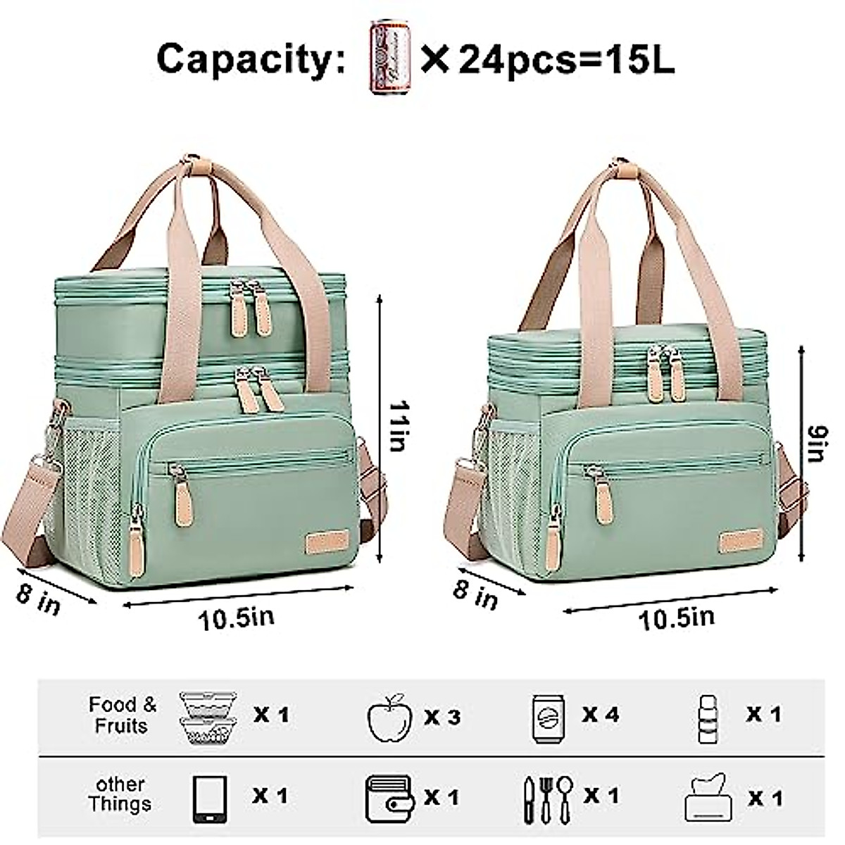 Weitars Insulated Lunch Box for Women Men-Dual Compartment Waterproof Reusable Large Lunch Bag for Women Wide-Open Tote Cooler Bag For Working Picnic Hiking (15L) (Green)