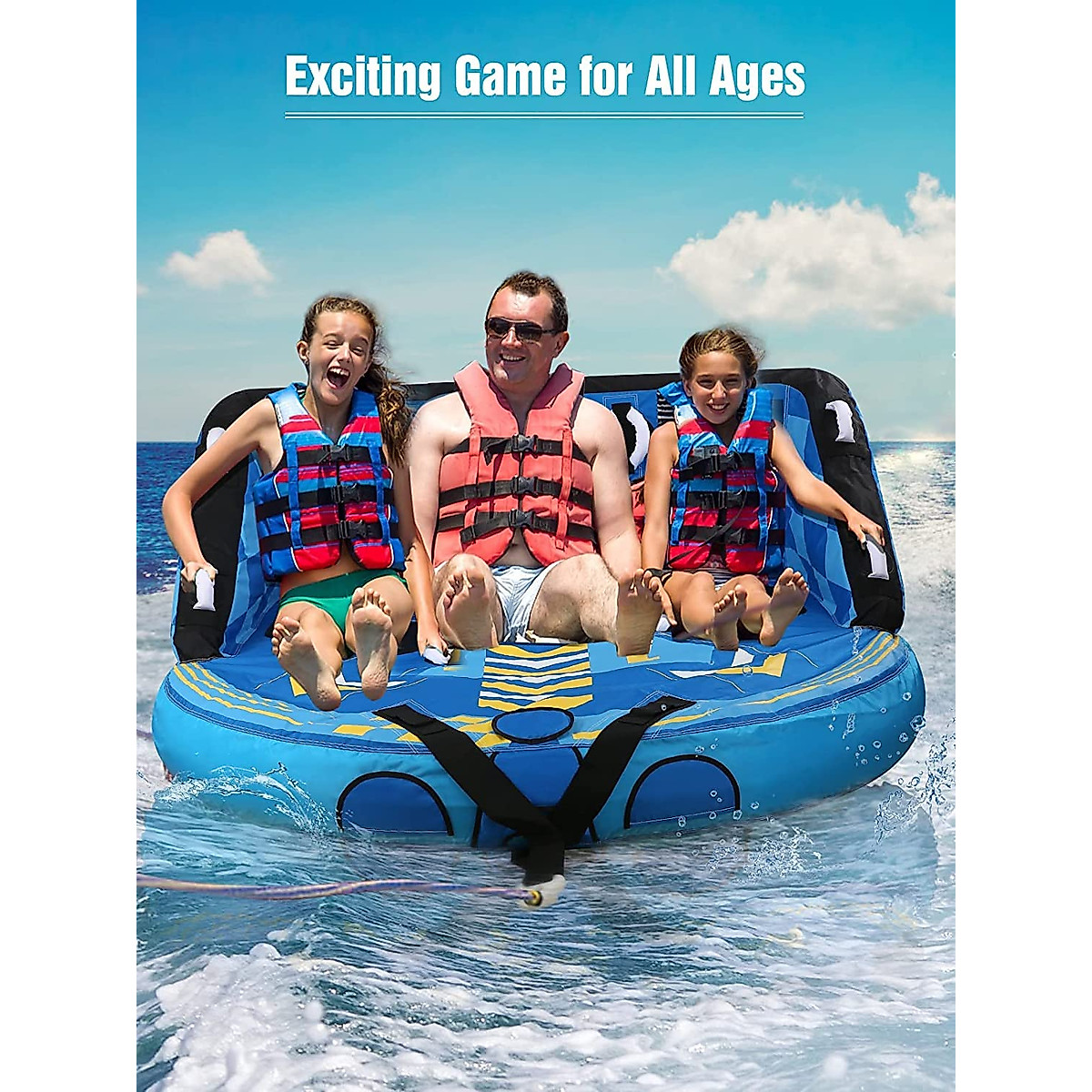 Vitalmeter Towable Tube for Boating 3 Rider Inflatable Water Sports Towable Tube with EVA Foam Seat Pads, Dual Tow Points, Grip Handles for Kids Adults Blue