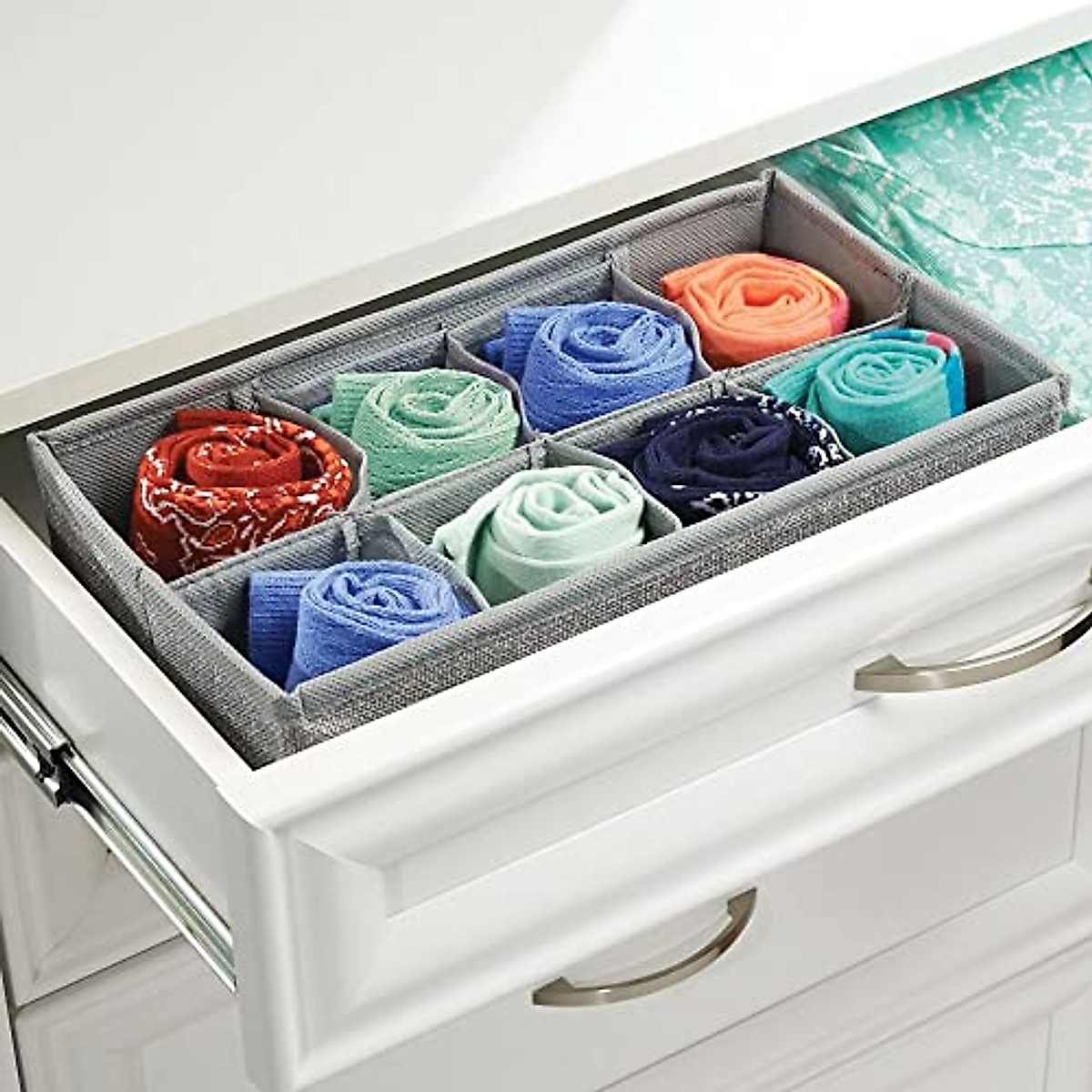 mDesign Fabric Divided 8-Section Drawer Organizer Bins, Kid/Baby Nursery Dresser, Closet, Shelf, Playroom Organization, Hold Clothes, Toys, Diapers, Bibs, Blankets, Lido Collection, 2 Pack, Gray/White