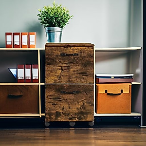 VASAGLE File Cabinet, with 2 Drawers, Mobile Filing Cabinet with Wheels, for A4, Letter Sized Documents, Hanging File Folders, Rustic Brown and Black UOFC040B01