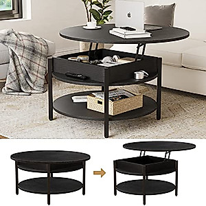 FABATO Round Lift Top Coffee Table with Storage and Hidden Compartment, 35.43'' Farmhouse Coffee Table for Living Room Reception Room, 2 Tier Large Round Coffee Table Round Dining Table, Black