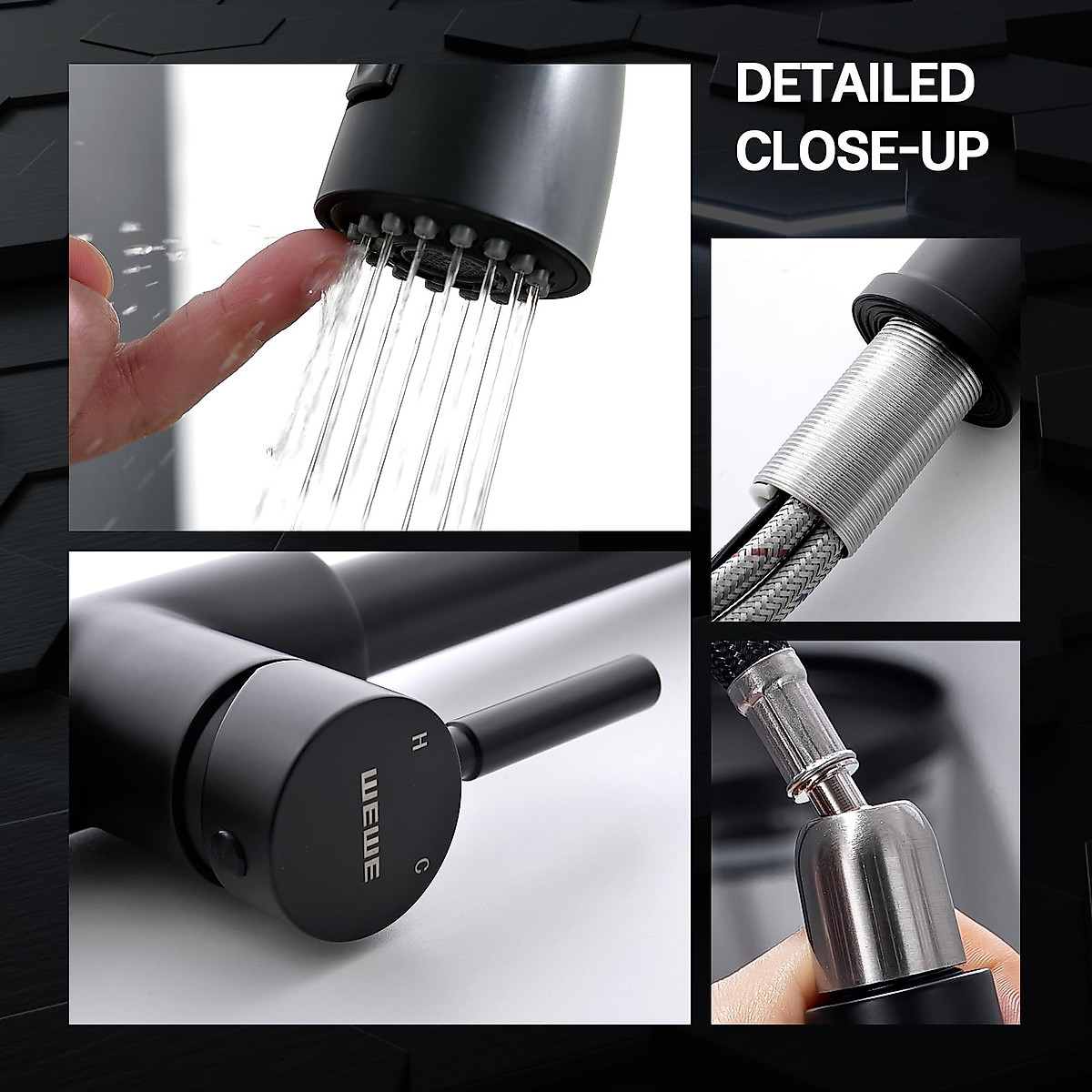 WEWE Black Kitchen Faucet, Kitchen Faucets with Pull Down Sprayer Commercial Stainless Steel Single Handle Single Hole Kitchen Sink Faucet for Farmhouse Camper Laundry Rv Bar