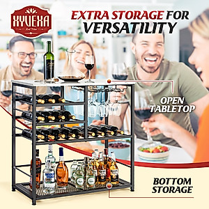 Wine Rack Table with Glass Holder, 32 Inch Modern Wine Bar Cabinet with Storage for 17 Bottle & 9 Glass, Table Liquor Bar Cabinets for Home, Bar, Kitchen, Buffet, Dining Room