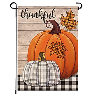 Artofy Thankful Fall Decorative Small Garden Flag White Pumpkin, Autumn House Yard Outside Decor Black White Buffalo Plaid Check Maple Leaf, Thanksgiving Farmhouse Outdoor Home Burlap Decoration 12x18