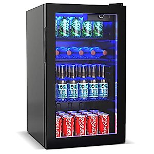 COSTWAY Beverage Refrigerator and Cooler - 120 Can Mini Fridge with Glass Door, Removable Shelves for Soda Beer Wine, Small Drink Refrigerator for Home Office Bar, 3.2 cu.ft.