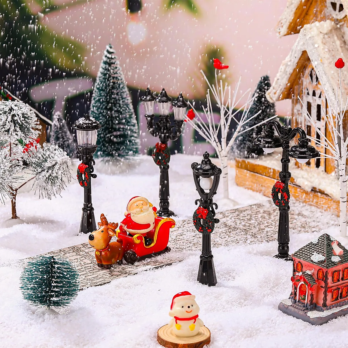 15 Pcs Christmas Figurine Village Accessories Miniature Pine Trees Snow Artificial Christmas Trees Cardinal Bare Branch Trees Streetlight Lamps Cobblestone Street Figurine for Xmas Winter (Elegant)