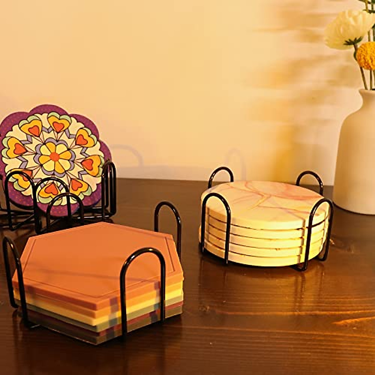 Coaster Holder, 4 PCS Metal Holder for Square or Round Coaster Sets Home Wrought Iron Shelf Decoration (Style 1)