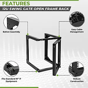 NavePoint 12U Server Rack with Swing Gate - 12U Wall Mount Rack for 19 Inch IT Equipment Open Frame Rack – Network Rack Wall Mount for AV & Server Equipment 24” Deep 12U Rack, Black