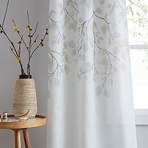 Yellow Leaf Floral Print Metallic Sheer Window Curtain Panel Autumn Fall Leaves Sparkling Decorative 6 Grommets Top Drapes for Rustic Living Room Bedroom Farmhouse Curtains, Gold, 40"x95"x2
