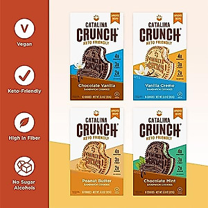 Catalina Crunch Sandwich Cookies Variety Pack (4 Flavors), Chocolate Mint, Peanut Butter, Vanilla Creme, Chocolate Vanilla | Vegan, Low Carb, Low Sugar, Protein | Keto Cookies, Snacks