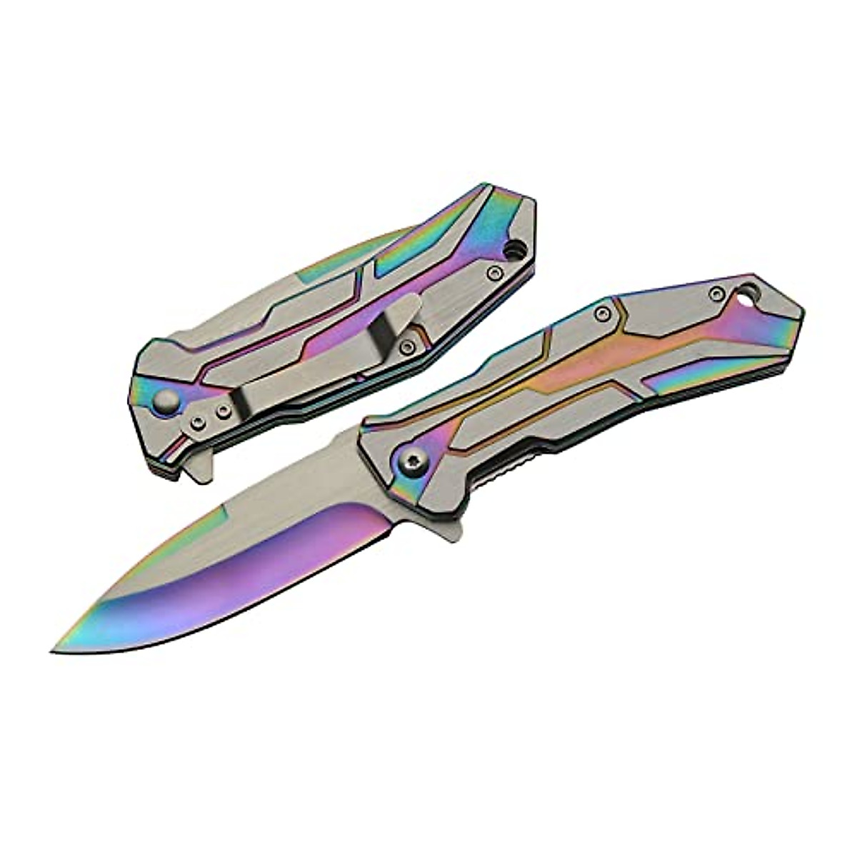SZCO Supplies 8" Rainbow Tech Assisted Open Folding EDC Utility Pocket Knife With Clip