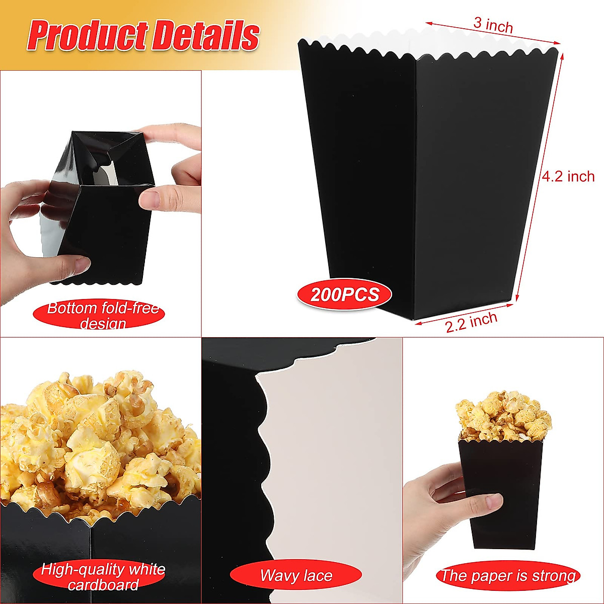 Jetec 450 Pcs Popcorn Boxes Mini Paper Popcorn Box Cardboard Popcorn Container for Party Black Popcorn Holder Disposable Candy Popcorn Bags for Birthday Wedding Decoration, 2.36 x 2.99 x 4.17 Inches
