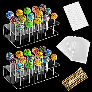 2Pack Upgraded Acrylic Cake Pop Display Stand 15 Hole Clear Acrylic Lollipop Holder with 50Pcs Lollipop Sticks, 50Pcs Packaging Bags and 50Pcs Gold Metallic Twist Ties